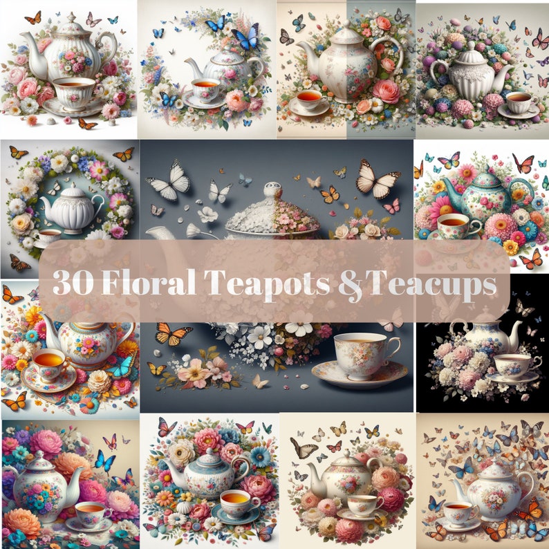 30 Teapot Clipart, Floral and Butterfly Teapot Teacups, High Printable ...