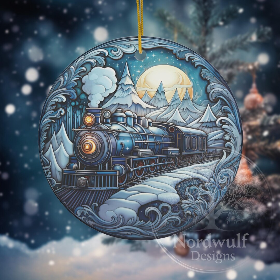 Christmas Ornament, Train Winter Scene Ceramic Ornament, Round Flat 2D ...