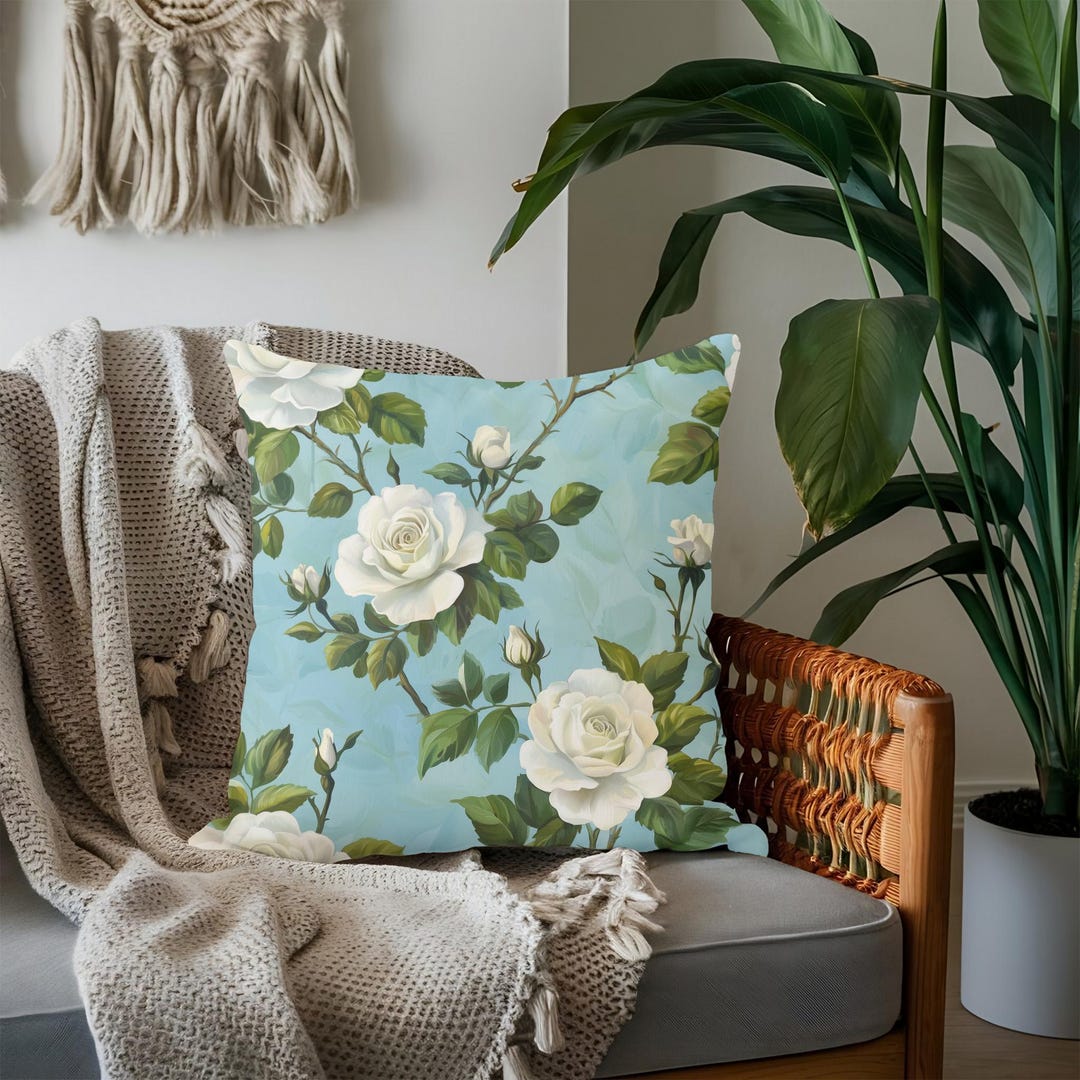 Soft Blue Rose Pillow Cover, Cottagecore Floral Cushion, Light & Airy ...