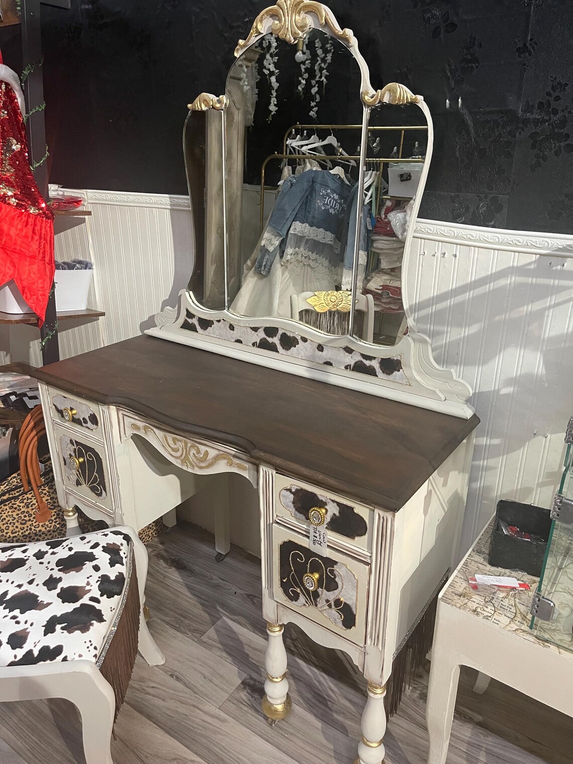 Upcycled Cowprint Vanity Table, Antique Dressing Table, Western Vanity ...