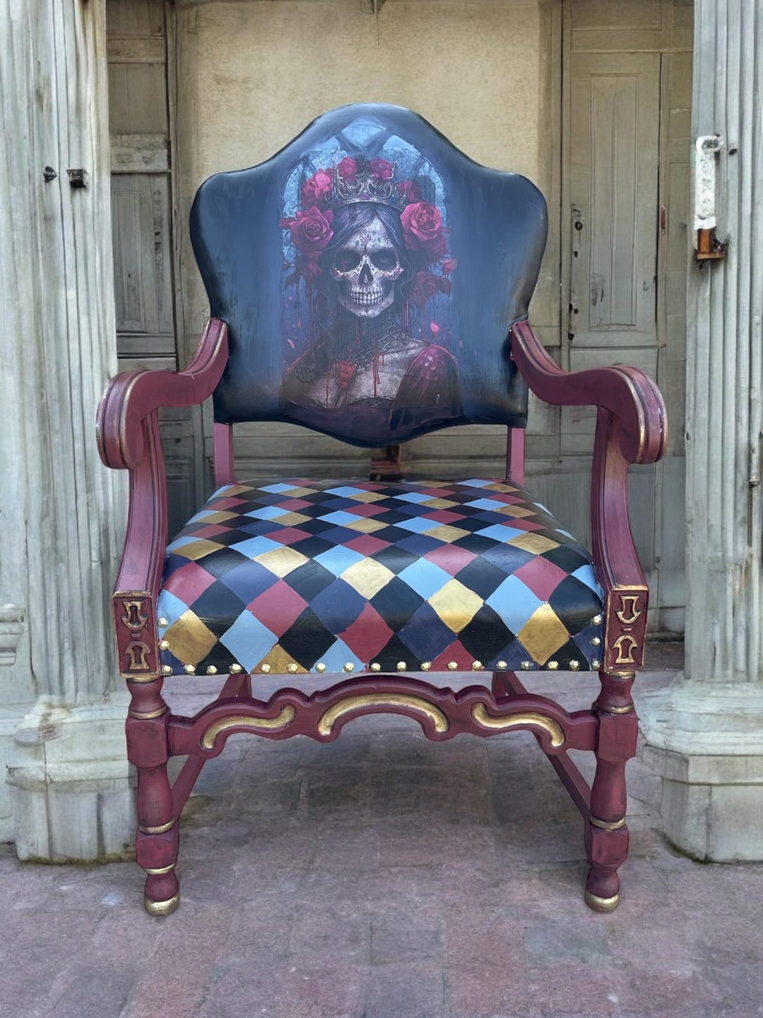 Sugar Skull Goth Accent Chair With Hand Painted Harlequinn Leather Seat ...