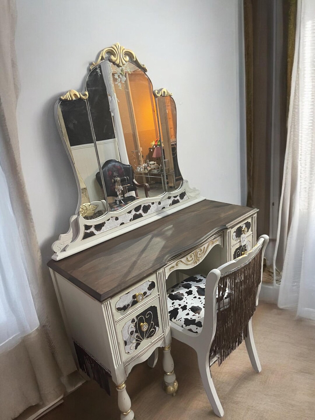 Upcycled Cowprint Vanity Table, Antique Dressing Table, Western Vanity ...