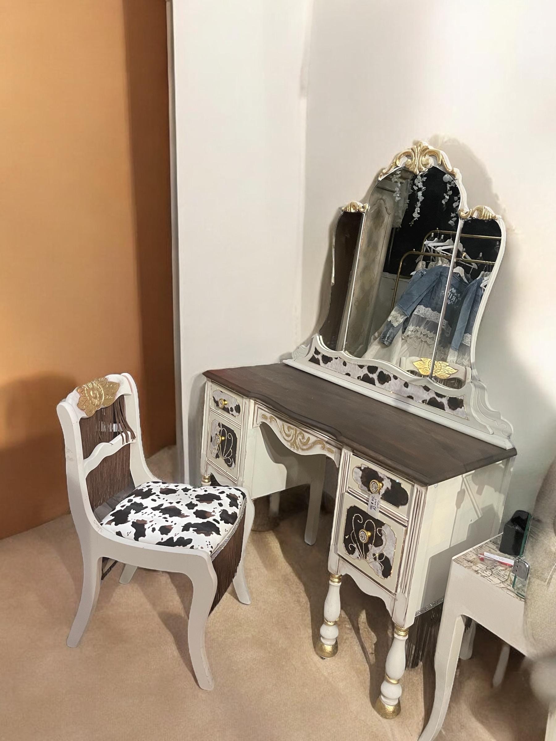 Upcycled Cowprint Vanity Table, Antique Dressing Table, Western Vanity ...