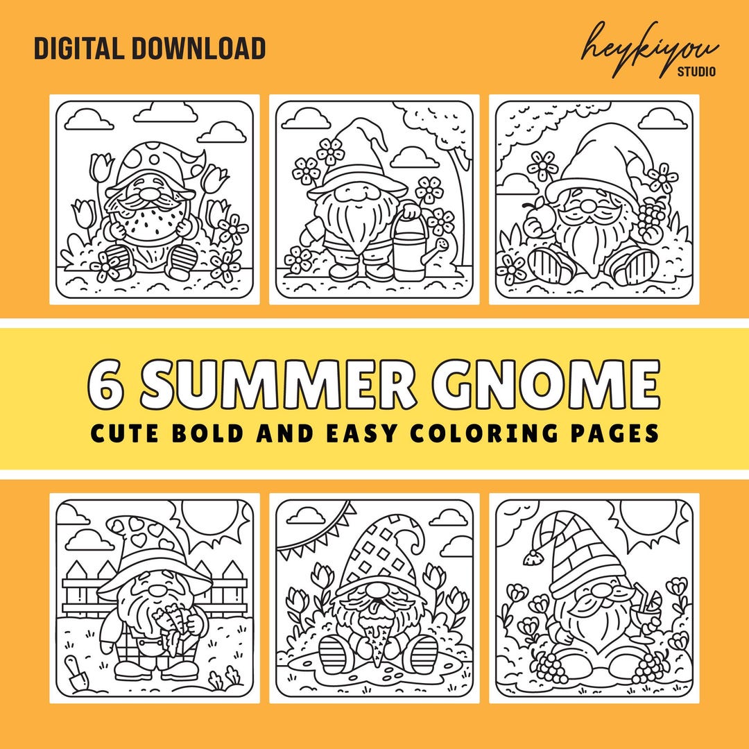 6 Summer Gnome Coloring Pages Bundle | 8x8 Inch Digital Download ...