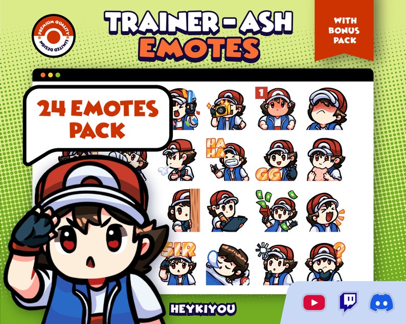 24 Pcs Bonus Trainer Ash Emote for Twitch Twitch Emote Emotes Badge ...