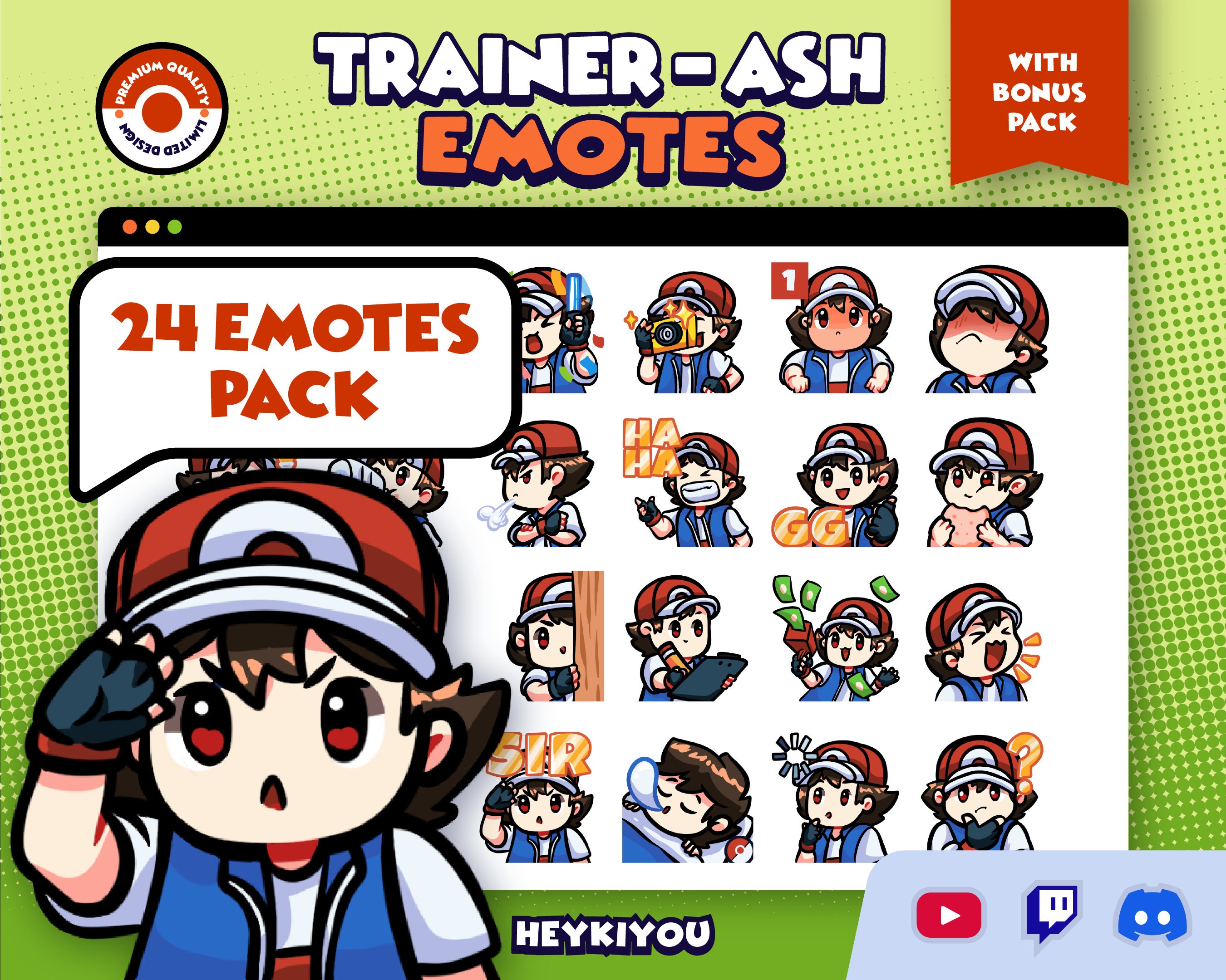 24 Pcs Bonus Trainer Ash Emote for Twitch Twitch Emote Emotes Badge ...