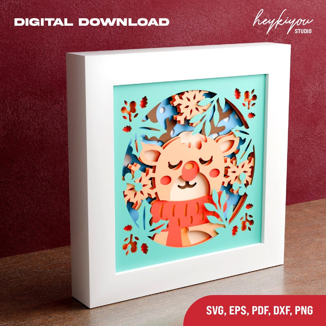 Rudolph Reindeer Christmas Shadow Box SVG Template (digital Download ...