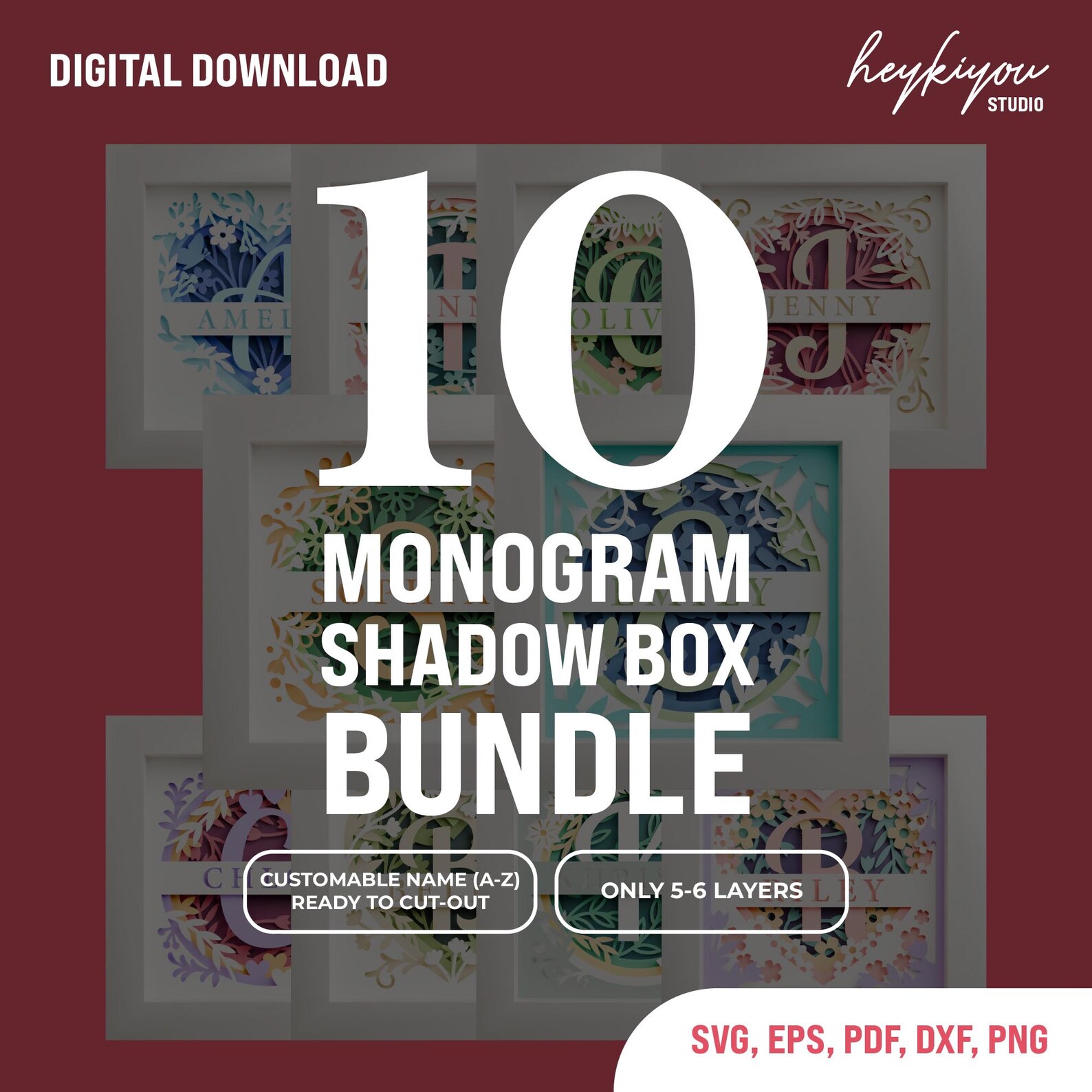 Floral Monogram Shadow Box Template Bundle for Cricut & Glowforge |svg ...