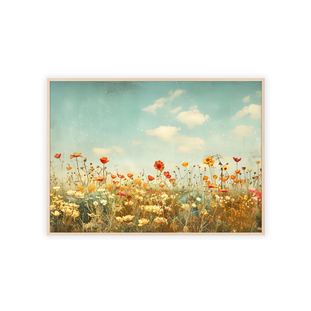 Vintage Wildflower Field Wall Art Poster Wooden Frame Field of Flowers ...
