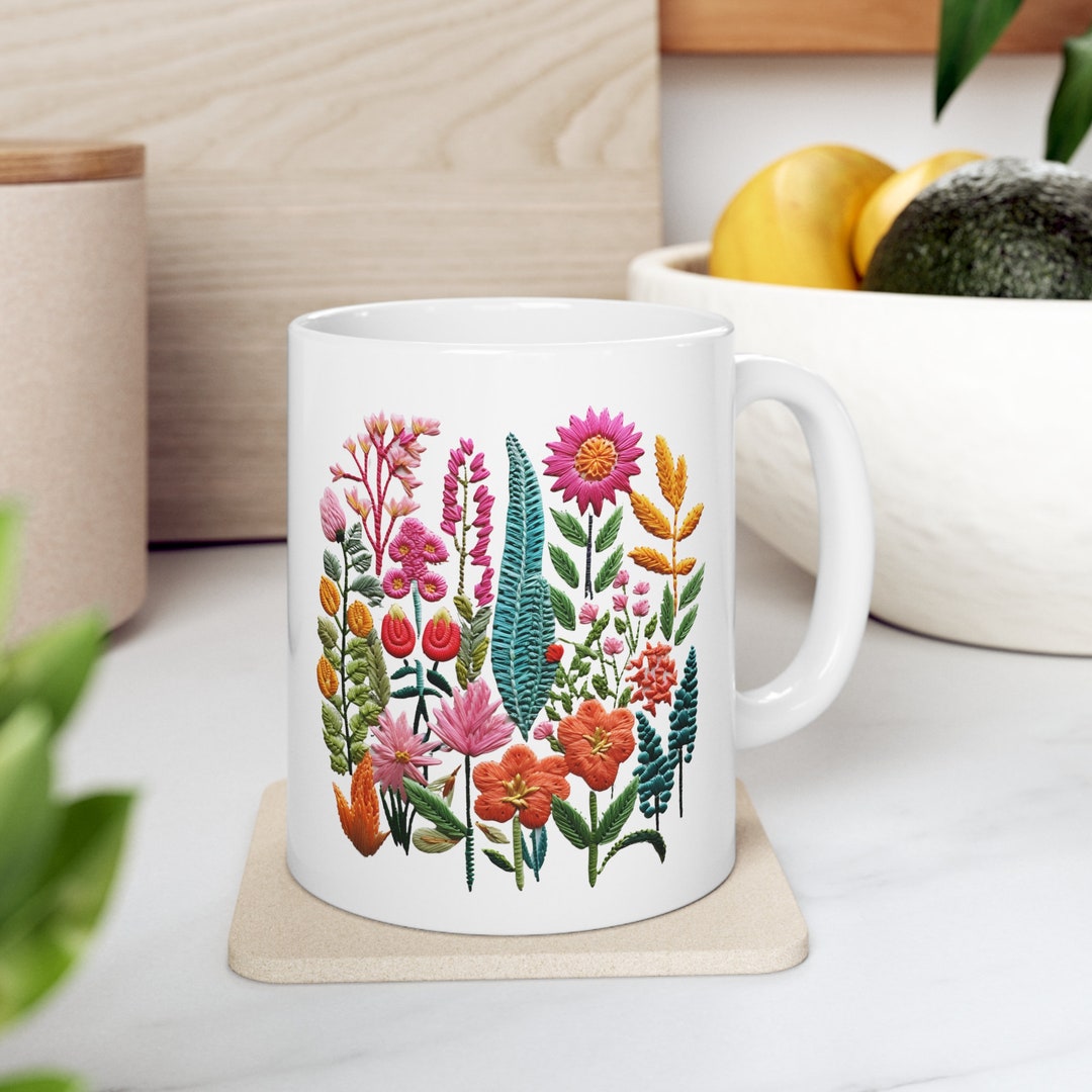 Wild Flowers Plants Embroidery Pattern Ceramic Coffee Hot Tea Mug 11oz ...