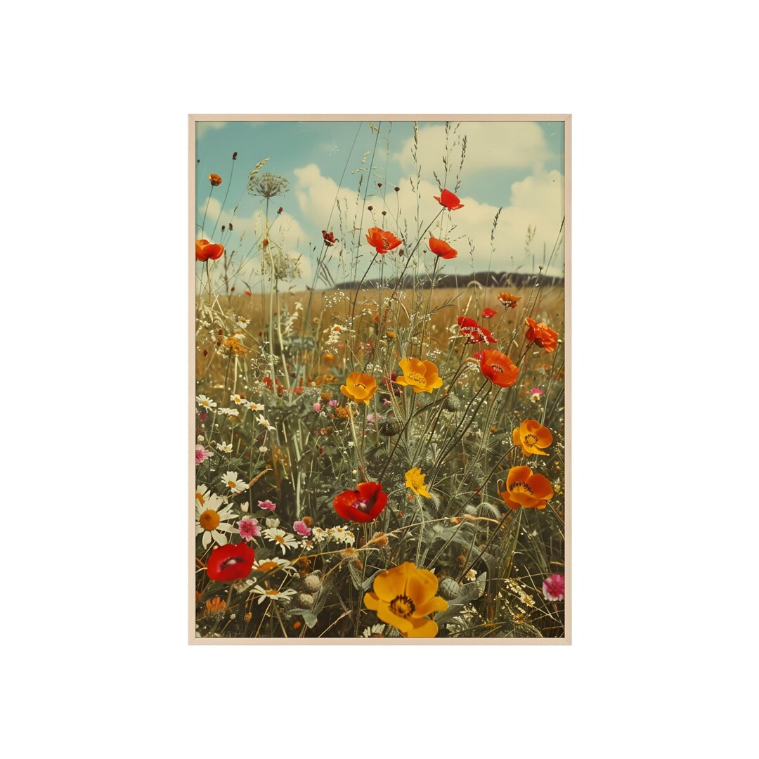 Vintage Wildflower Field Wall Art Poster Wooden Frame Field of Flowers ...