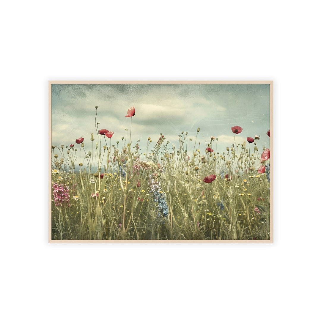 Vintage Wildflower Field Wall Art Poster Wooden Frame Field of Flowers ...