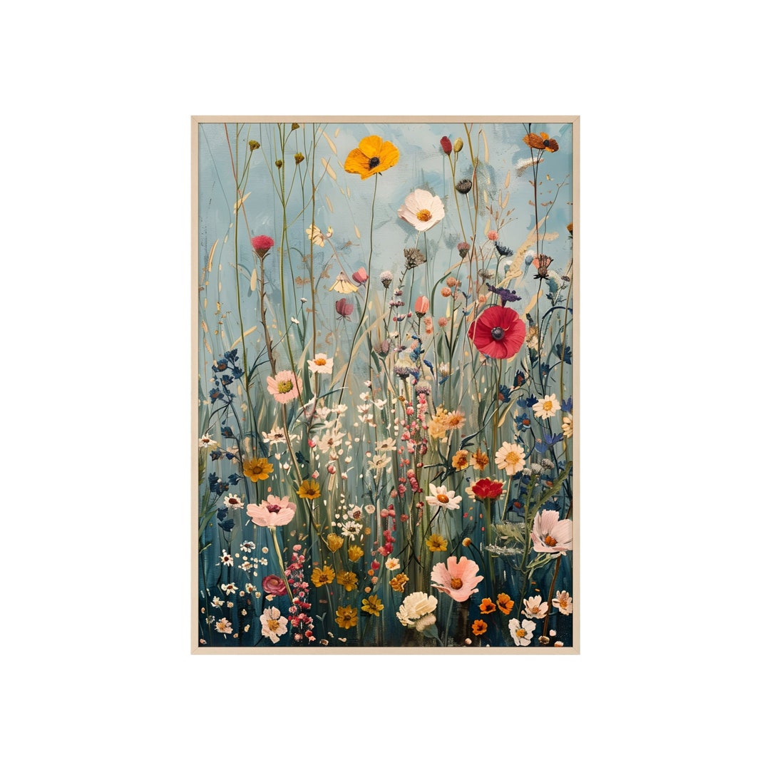 Vintage Wildflower Field Wall Art Poster Wooden Frame Field of Flowers ...