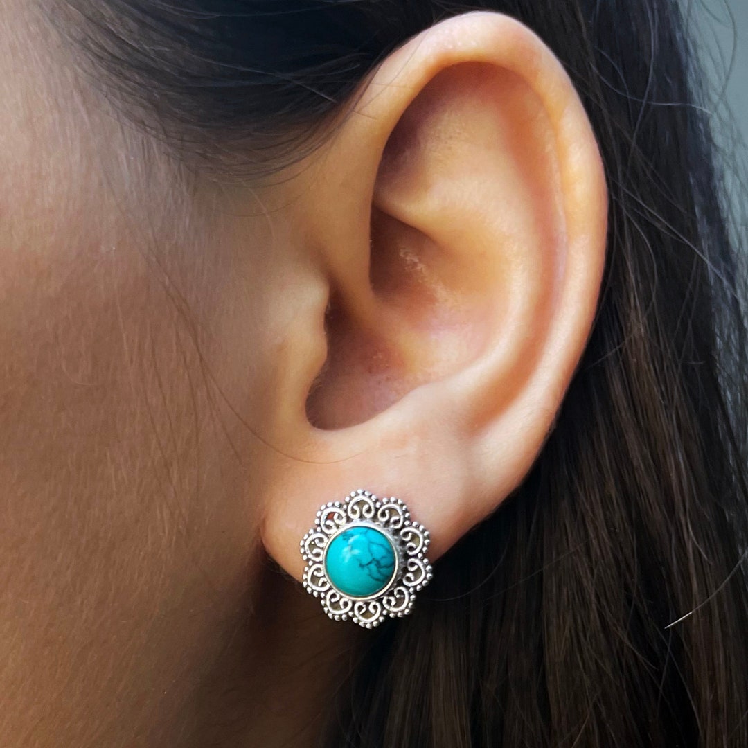Tibetan Turquoise Sterling Silver Ear Tops, 925 Solid Sterling Silver ...