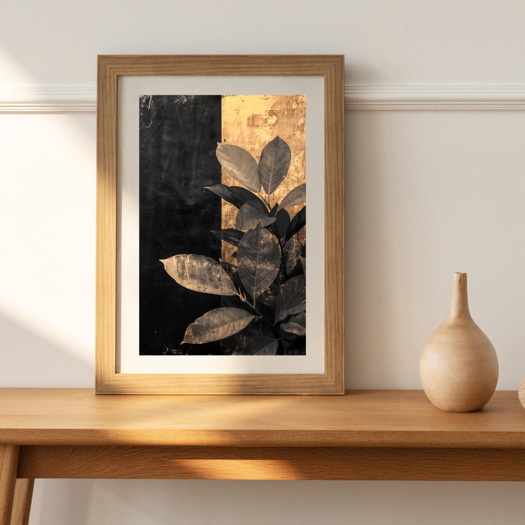 Modern Botanical Print, Contemporary Plant Art, Gold and Black Wall ...