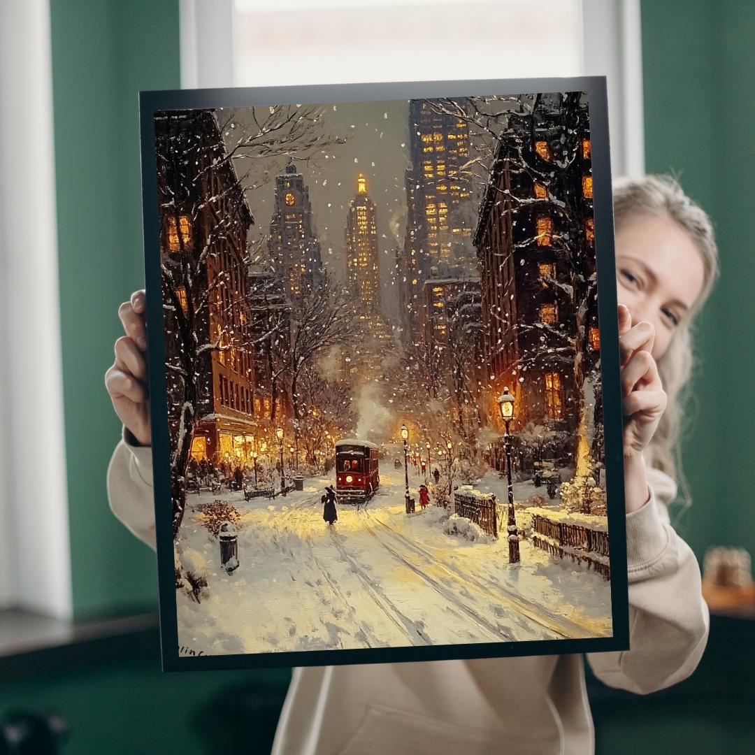 Winter Night Cityscape Art Print: Vintage Trolley, Snowy Street Scene ...