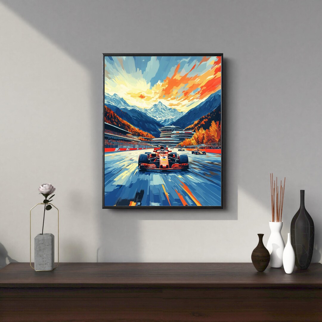 F1 Race Through Vibrant Mountain Scenery Poster, Team Ferrari Racing ...