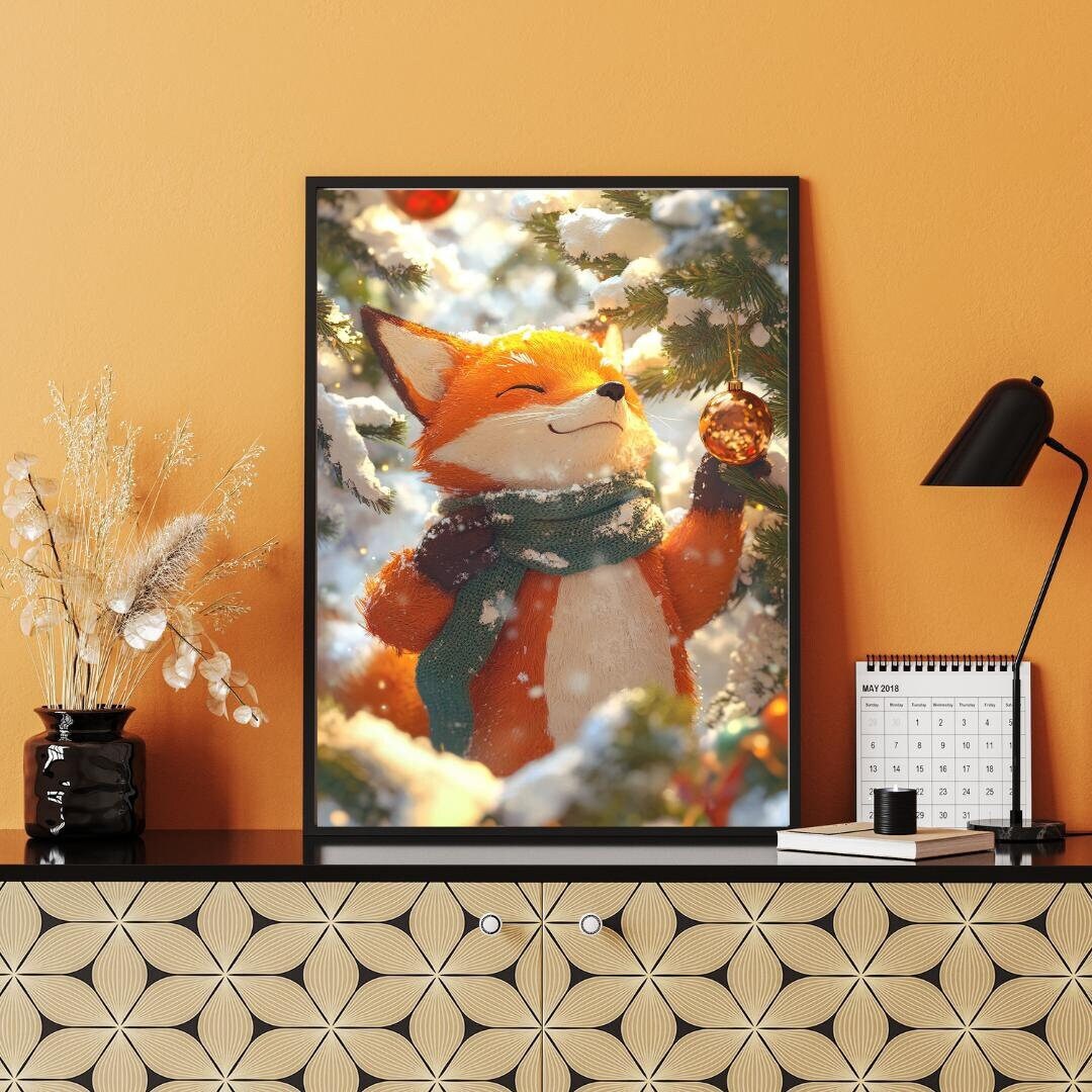 Adorable Fox Wall Art, Festive Fox Decorating Christmas Tree, Fox ...