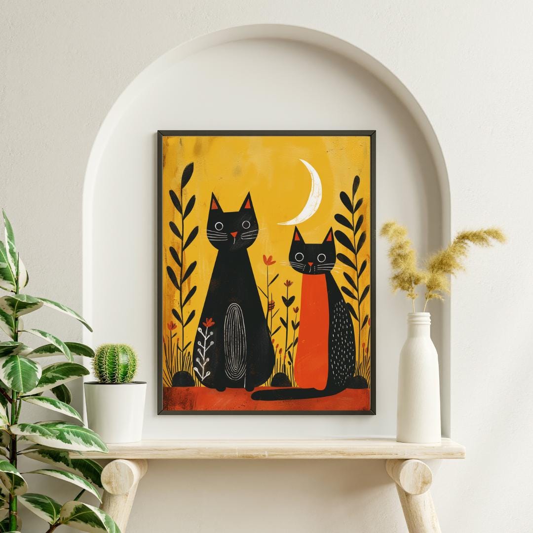 Modern Black Cat Art Poster, Halloween Minimalist Home Decor - Etsy