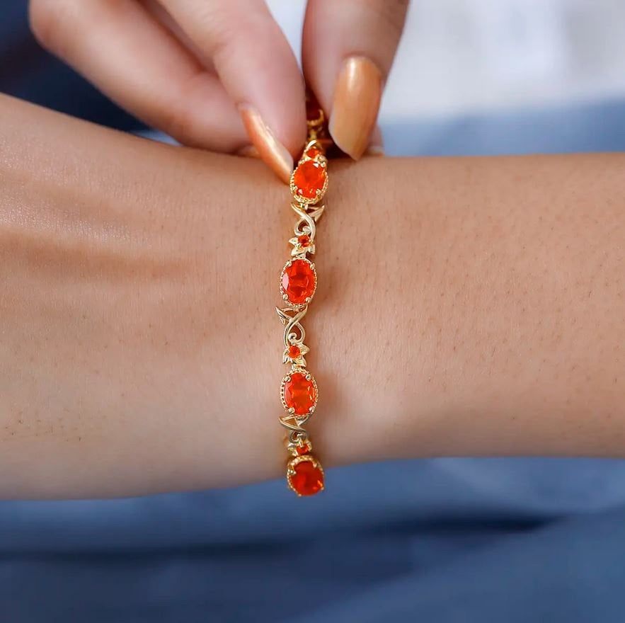 Premium Mexican Fire Opal Link Bracelet in Yellow Gold Plated Sterling ...