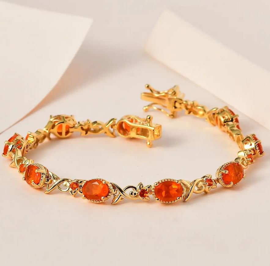 Premium Mexican Fire Opal Link Bracelet in Yellow Gold Plated Sterling ...