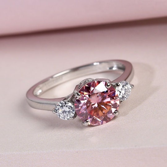 Pink Moissanite and White Moissanite Three Stone Ring in Sterling ...