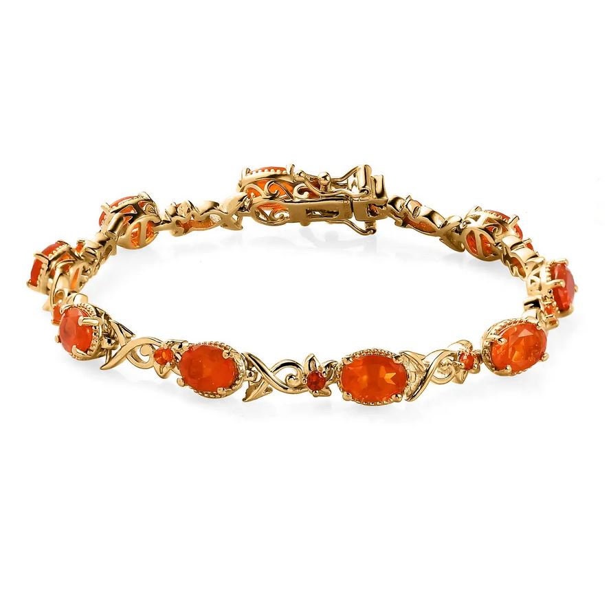 Premium Mexican Fire Opal Link Bracelet in Yellow Gold Plated Sterling ...