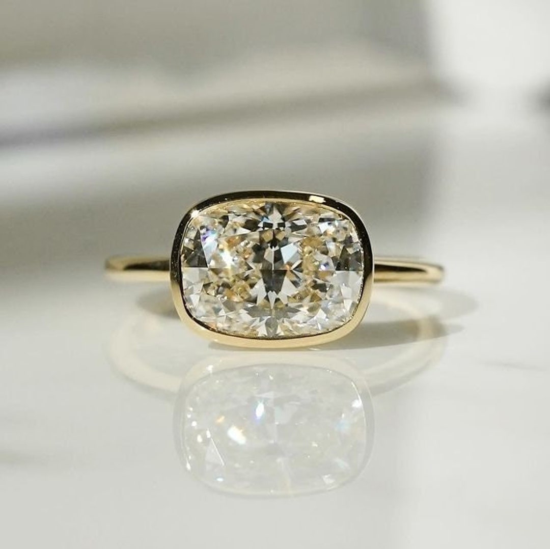 Cushion Cut Moissanite Bezel Set Solitaire Ring, Cushion Cut Solitaire ...