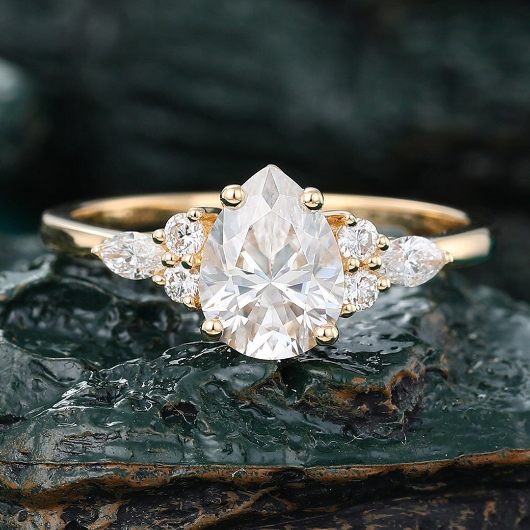 Tear Drop Wedding Ring, Moissanite Engagement Ring Pear Shape, Art Deco ...