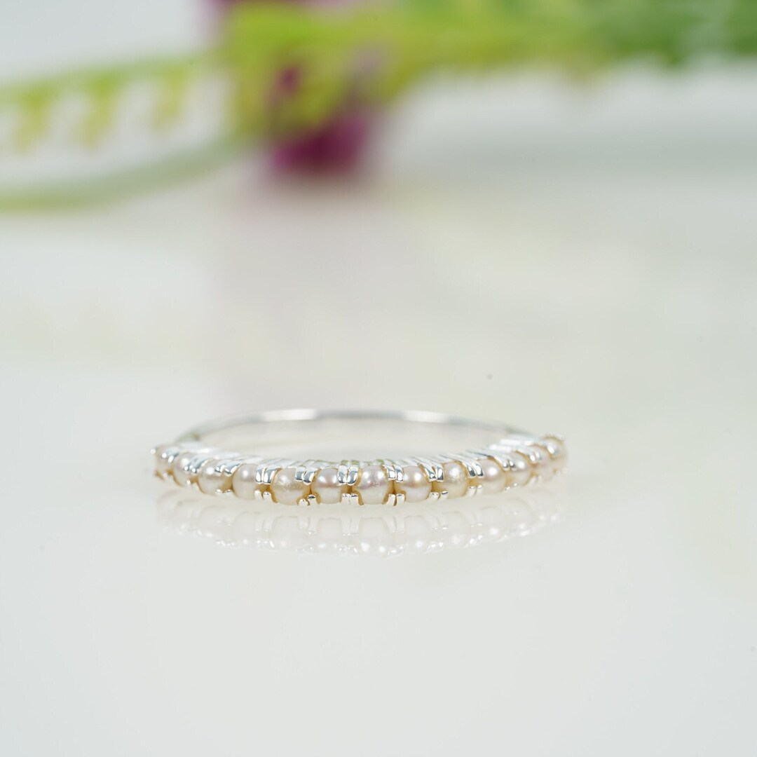 Akoya Pearl Wedding Band Women Art Deco Sterling Silver Stacking Ring ...