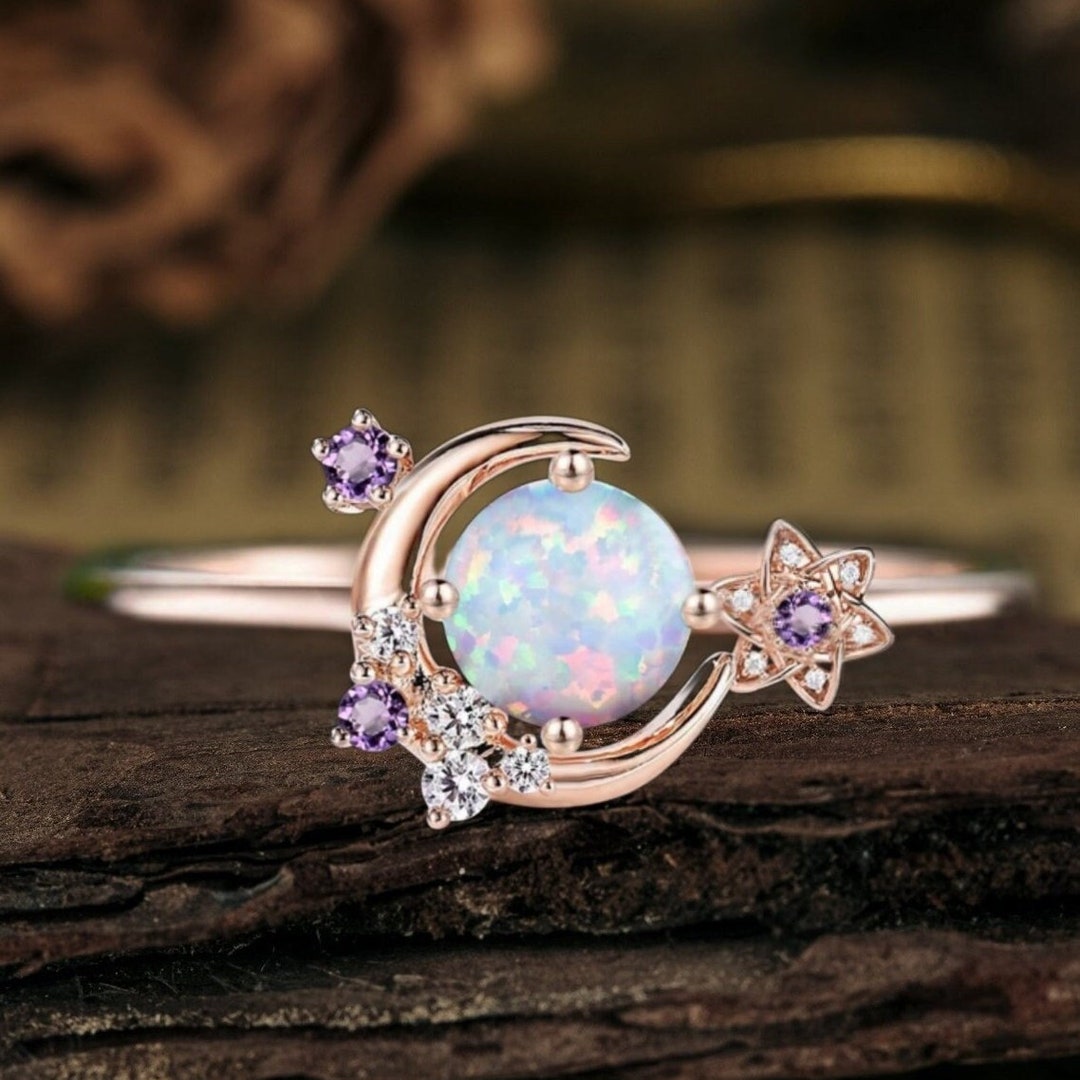 Round Opal Ring Vintage Cluster Amethyst Ring Rose Gold Unique Celestial Moon Engagement Ring ...