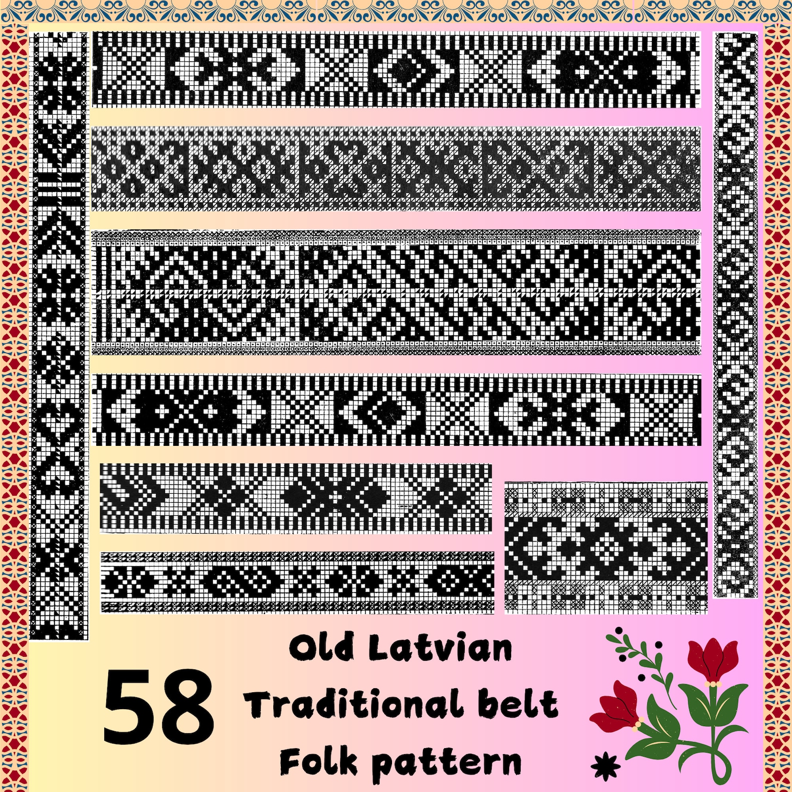 Old Latvian Traditional Belt Folk Pattern, Cross Stitch Embroidery ...
