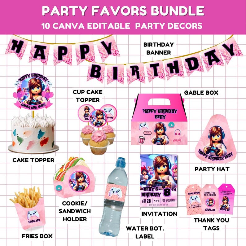Roblox Gamer Girl Party Favor Bundle for Canva Editable for Roblox ...