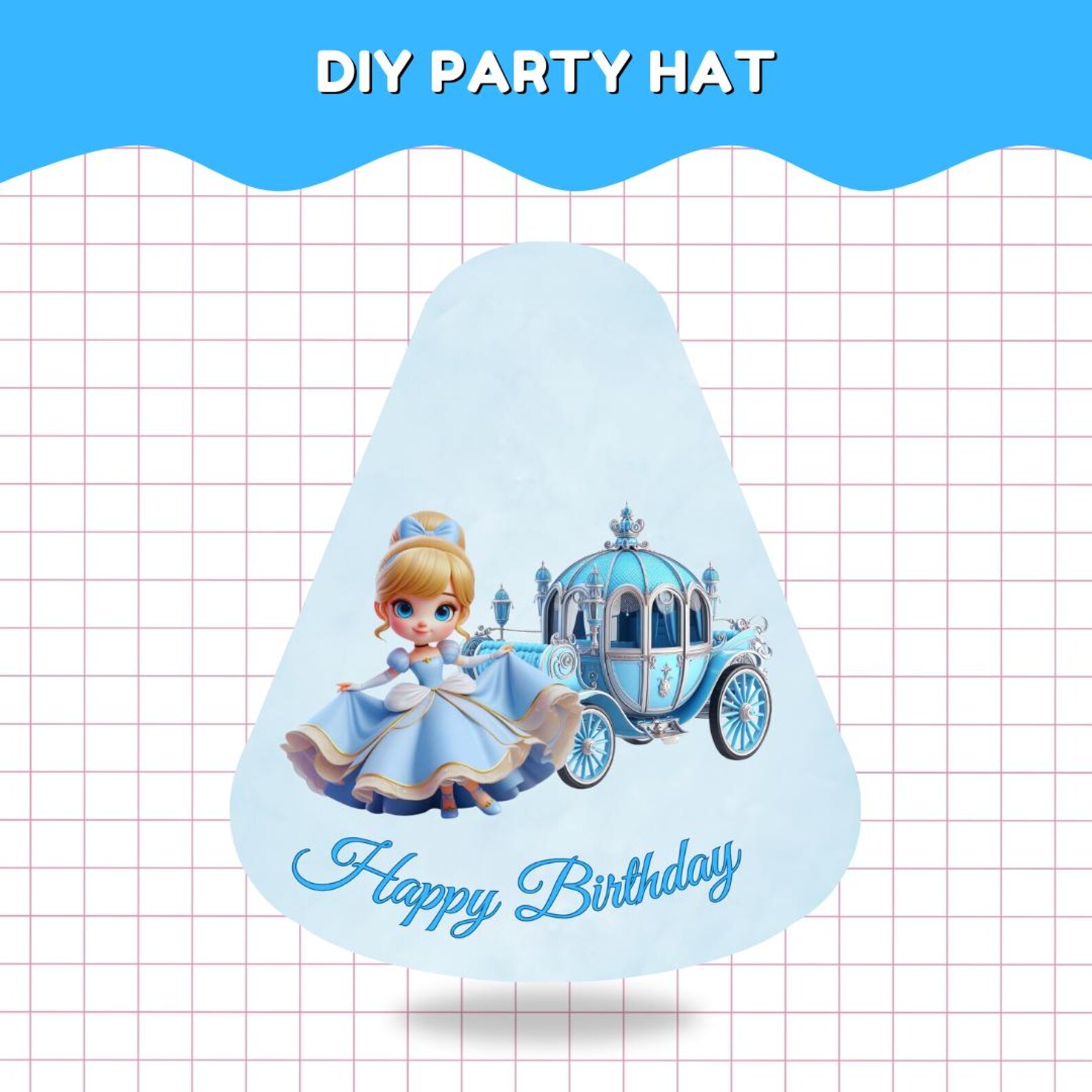 Blue Princess Party Hat Canva Template Editable Princess Birthday Hat ...