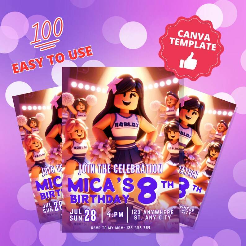 Roblox Girl Cheerleader Invitation, Roblox Girl Birthday Invitation ...