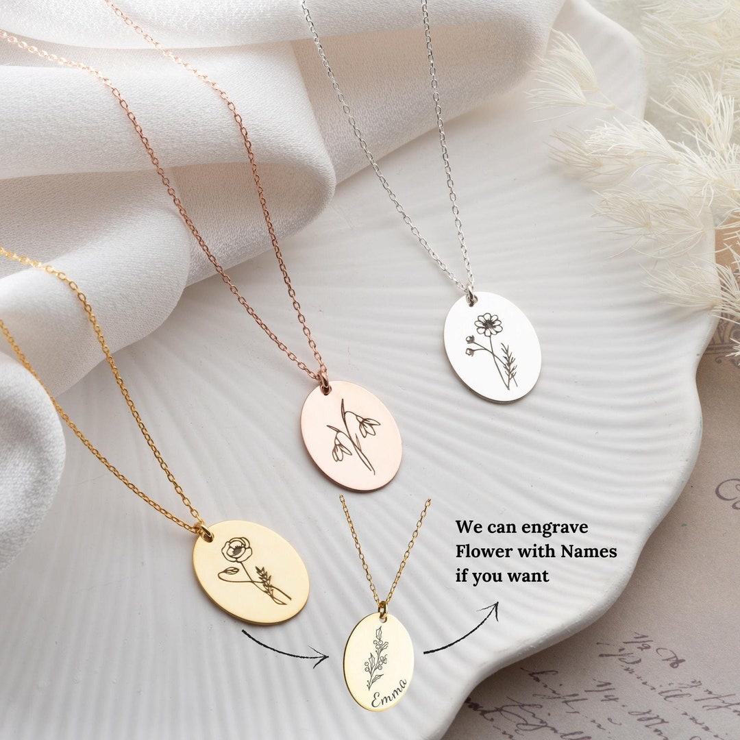 Oval Birth Flower Necklace With Birthflower Engraved Disc Necklace ...