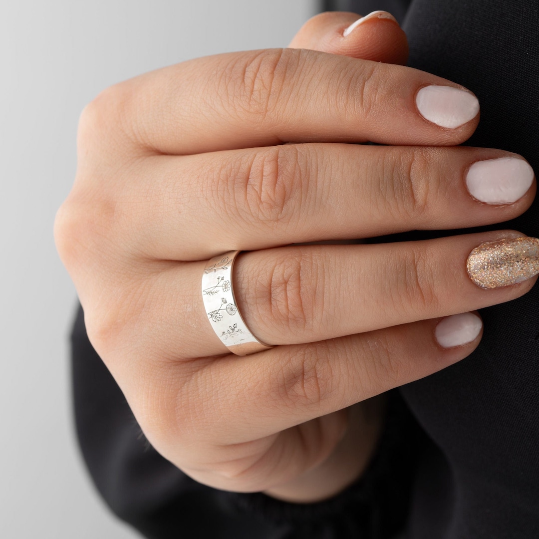 Personalized Birth Flowers Ring Custom Birth Flower Ring Multiple Birth ...