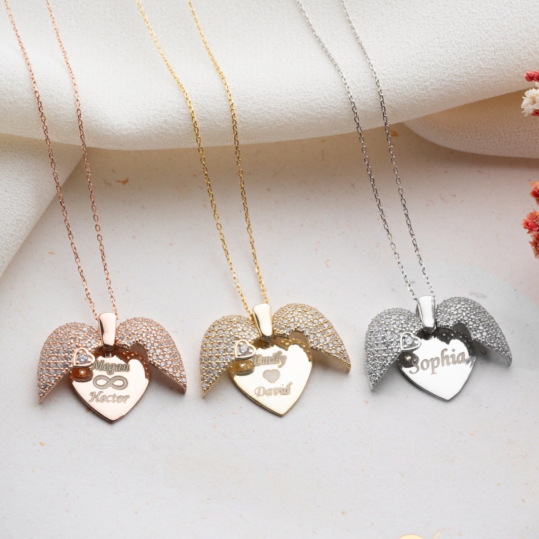 Dainty Gold Angel Wings Necklace With Name Personalized Angel Wing ...