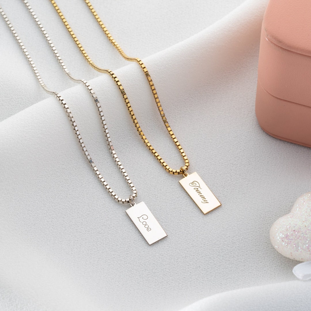 Tiny Bar Name Necklace Custom Name Tag Necklace Minimal Tag Bar Name ...
