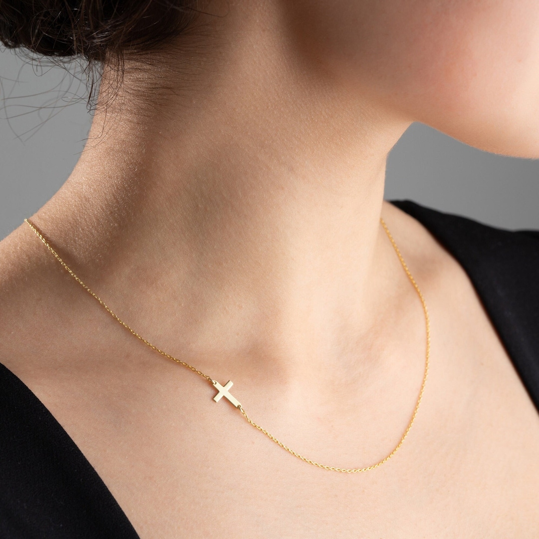 14K Gold Sideways Cross Necklace With Sideways Dainty Silver Cross ...