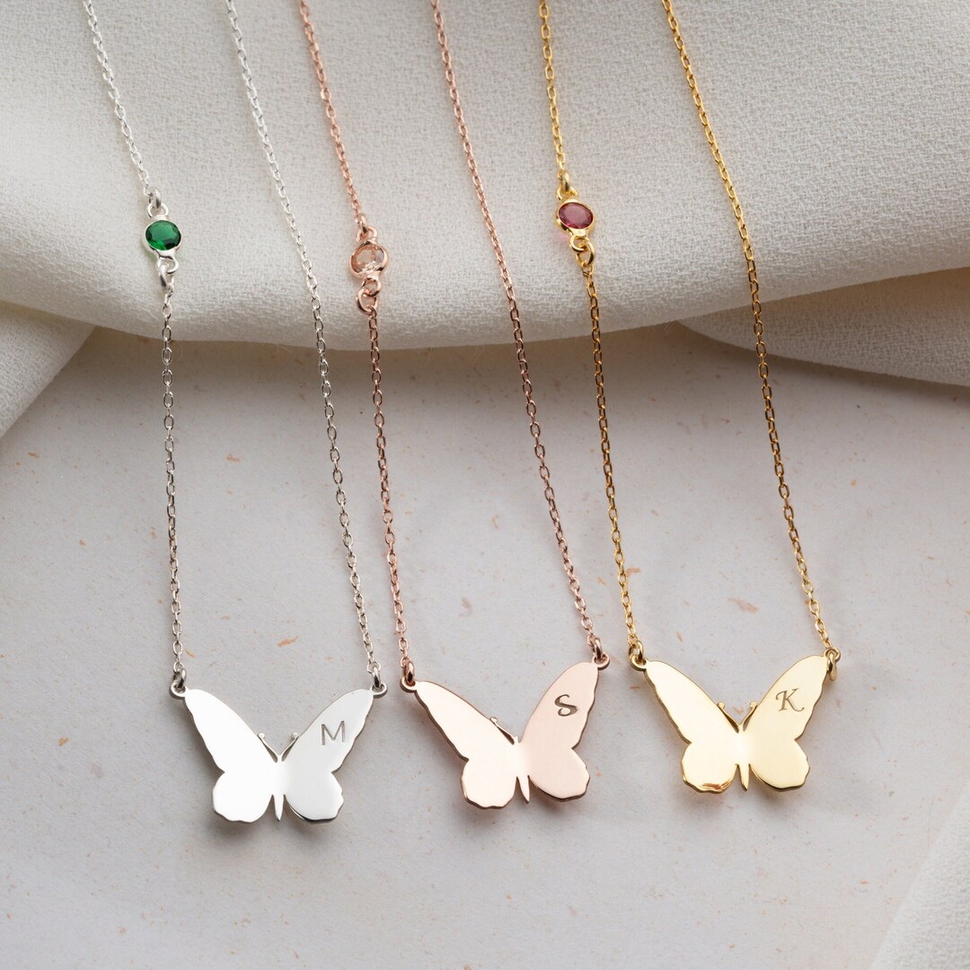 Dainty Gold Butterfly Necklace With Birthstone Custom Butterfly ...
