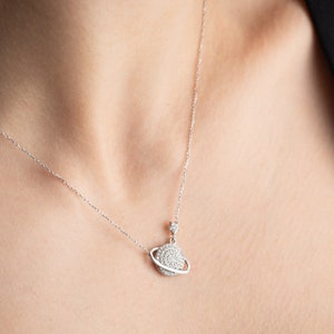 Saturn Necklace Silver Planet Necklace Celestial Necklace Silver Saturn ...