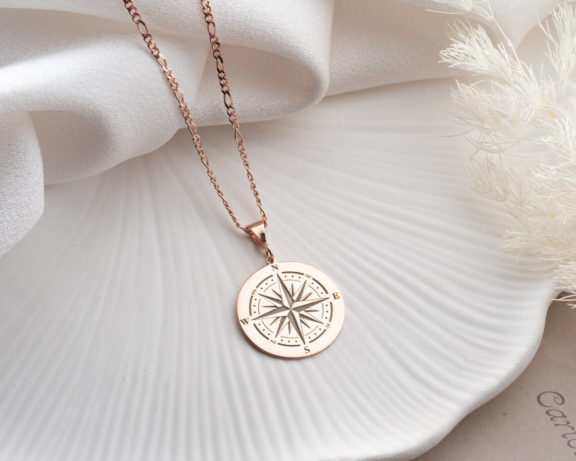 Gold Compass Necklace Sterling Silver Compass Pendant Engraved Compass ...