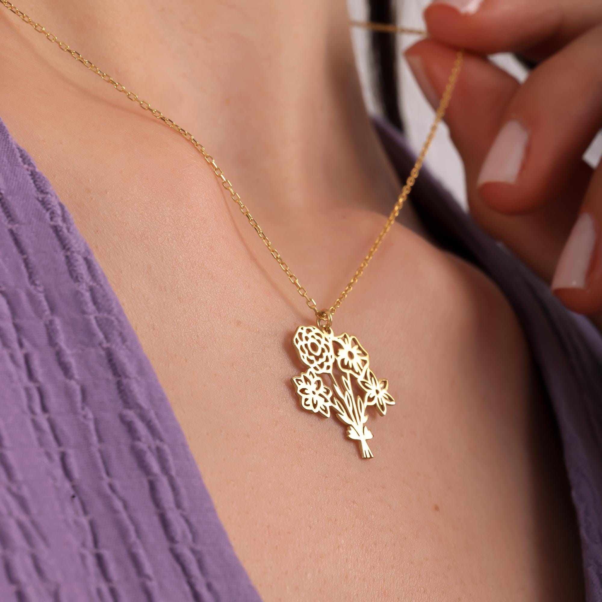 Family Birth Flower Necklace, Multiple Birth Flower Bouquet Necklace ...