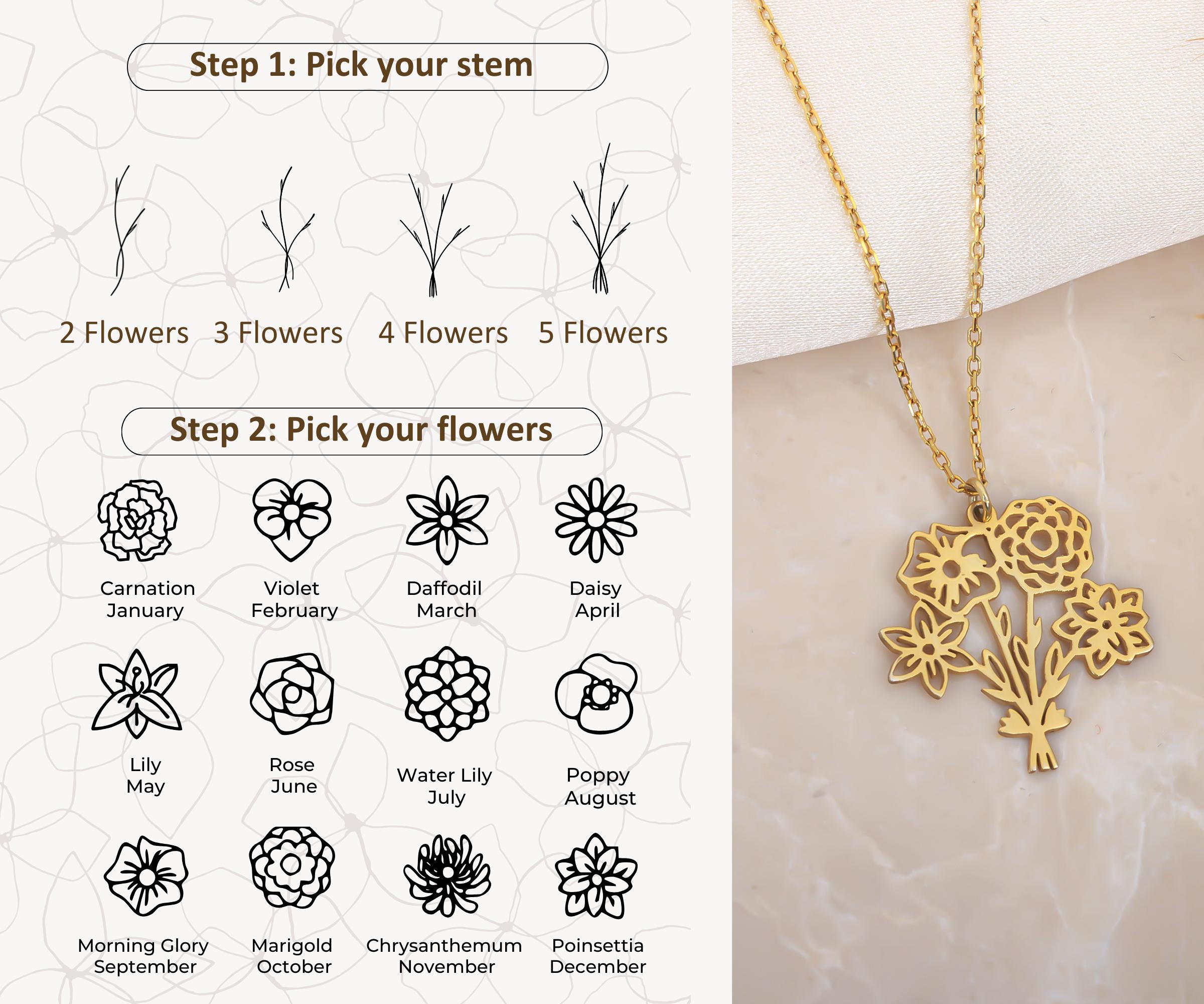 Family Birth Flower Necklace, Multiple Birth Flower Bouquet Necklace ...