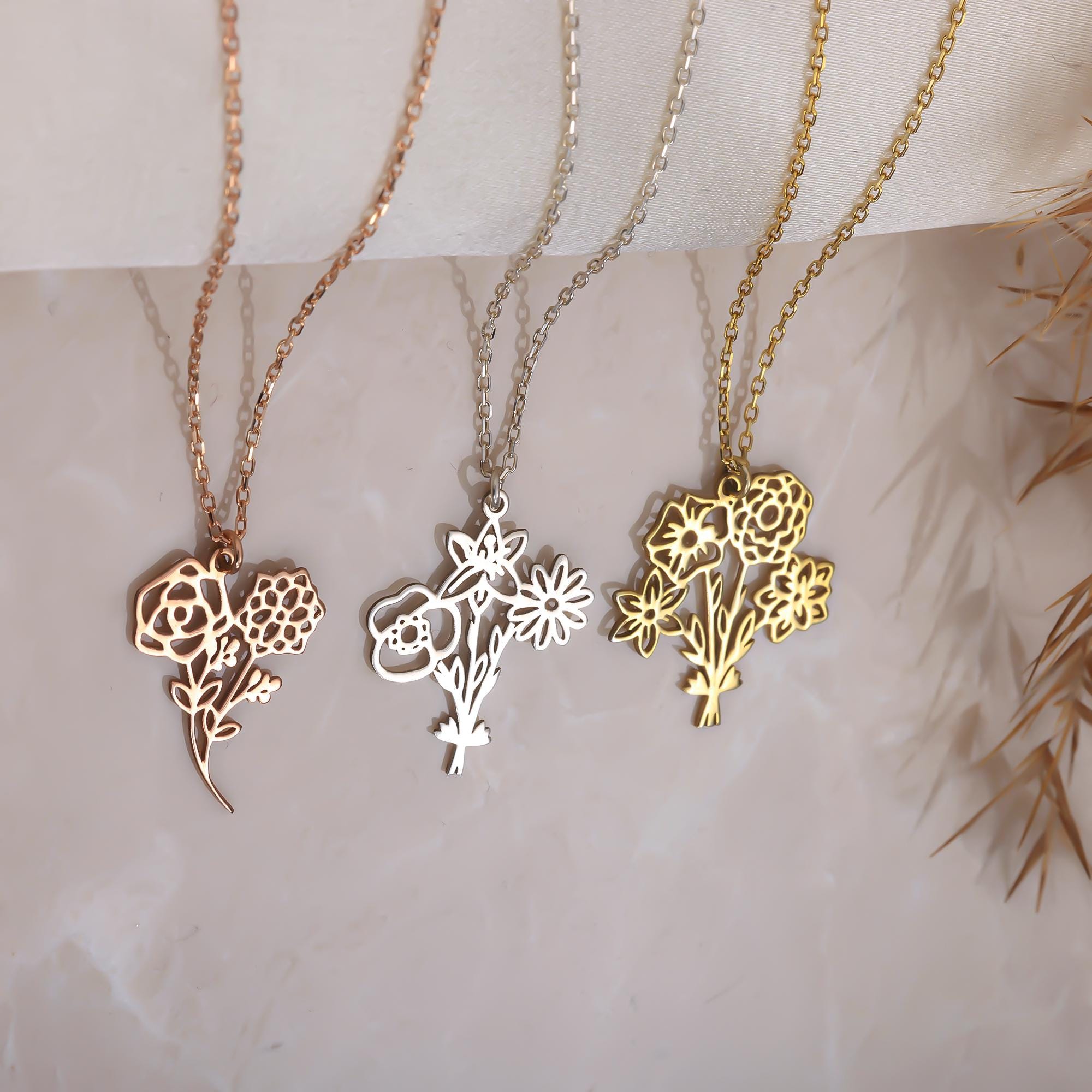 Family Birth Flower Necklace, Multiple Birth Flower Bouquet Necklace ...