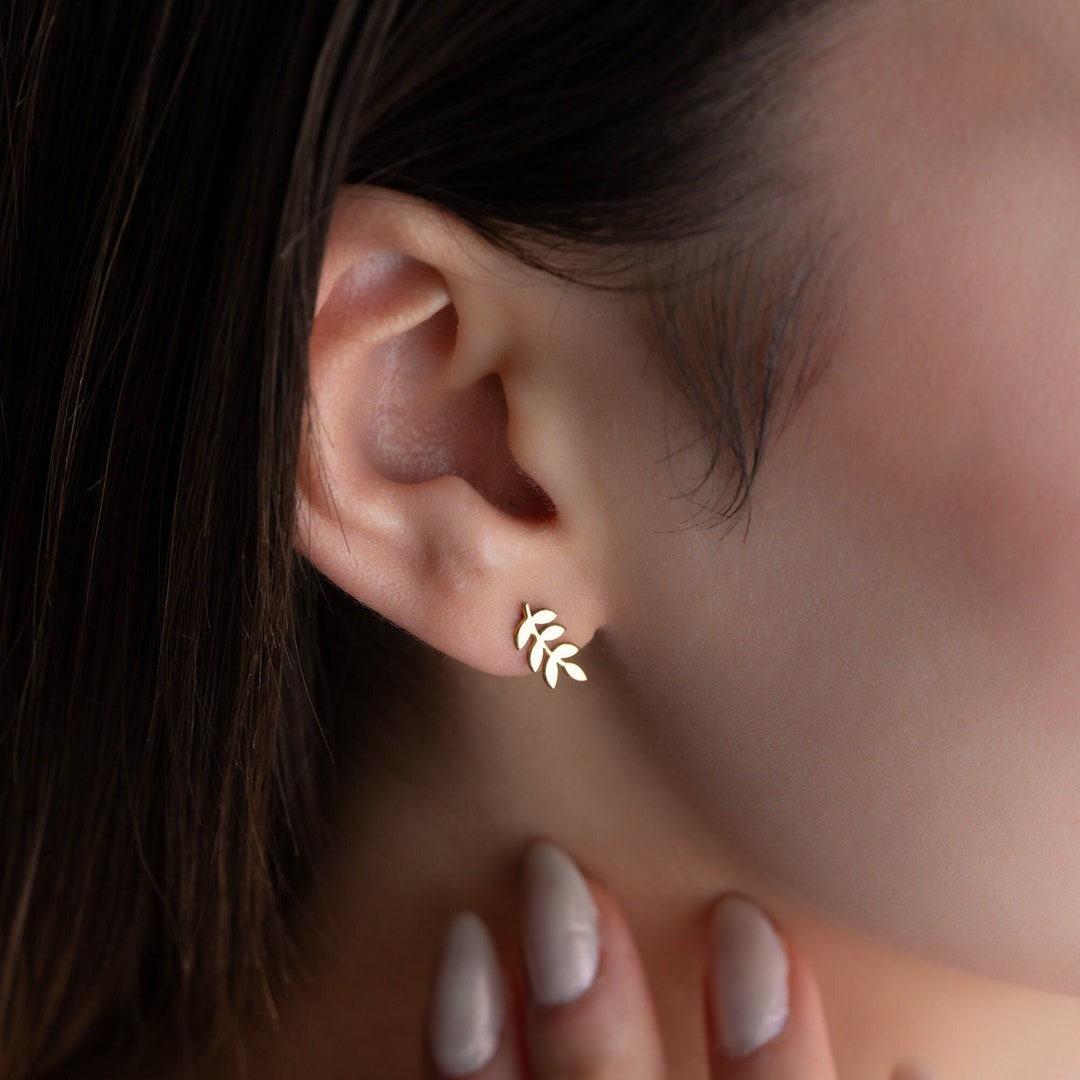 Dainty Leaf Stud Earrings Sterling Silver Leaf Earrings Olive Branch Earrings Gold Leaf Branch ...