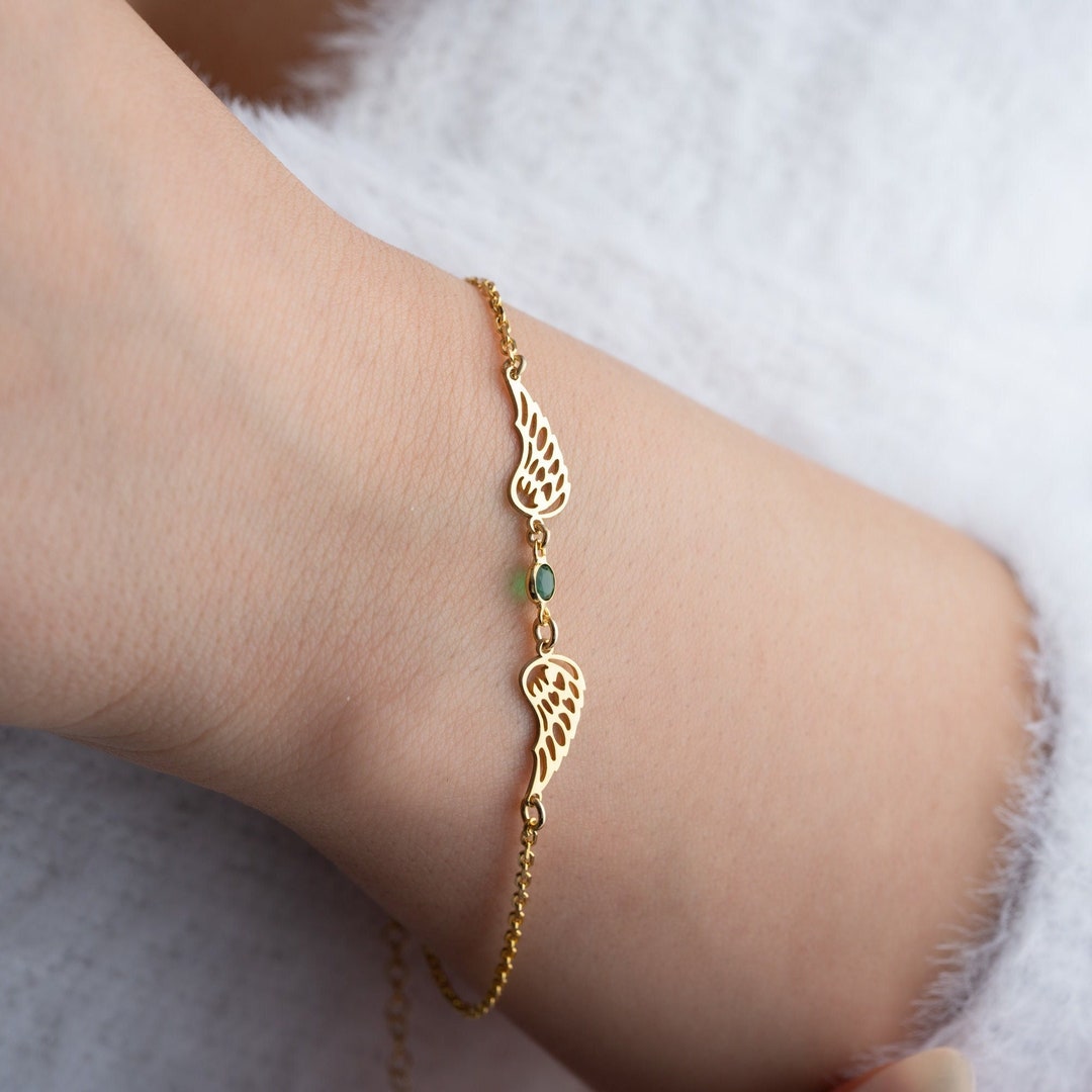 Angel Wings Bracelet With Birthstone Dainty Gold Angel Wing Birthstone ...