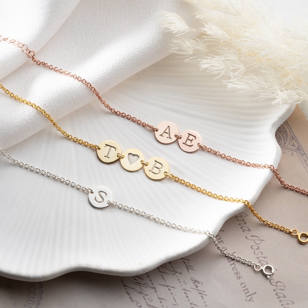 14k Gold Initial Disc Bracelet With Initials Personalized Letter ...