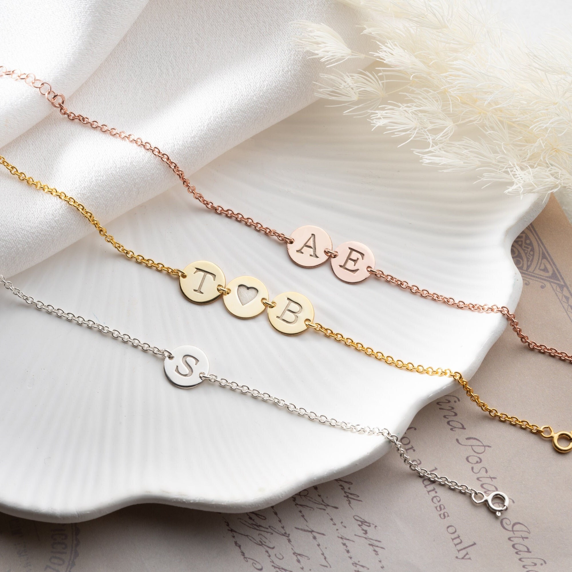 14k Gold Initial Disc Bracelet With Initials Personalized Letter ...